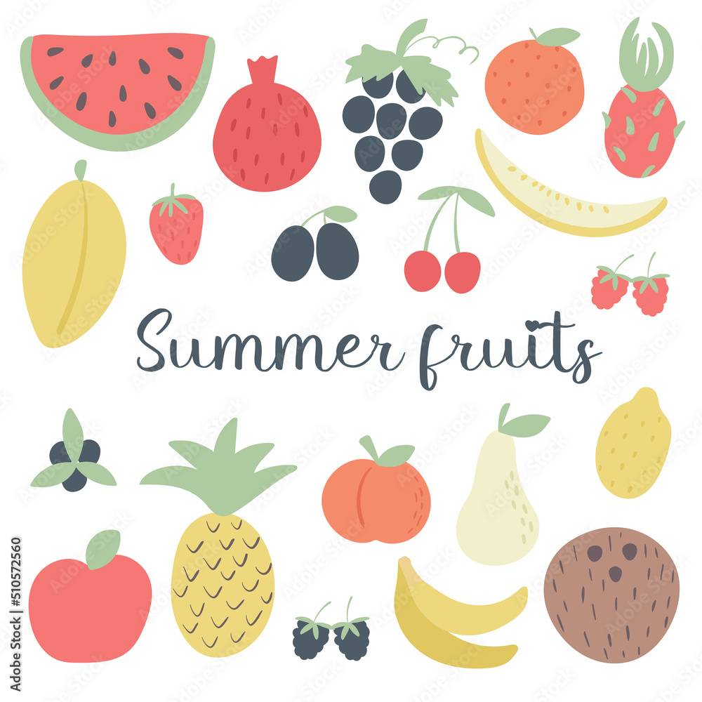 Summer fruits set isolated vector. Exotic tropical fruits hand drawn ...