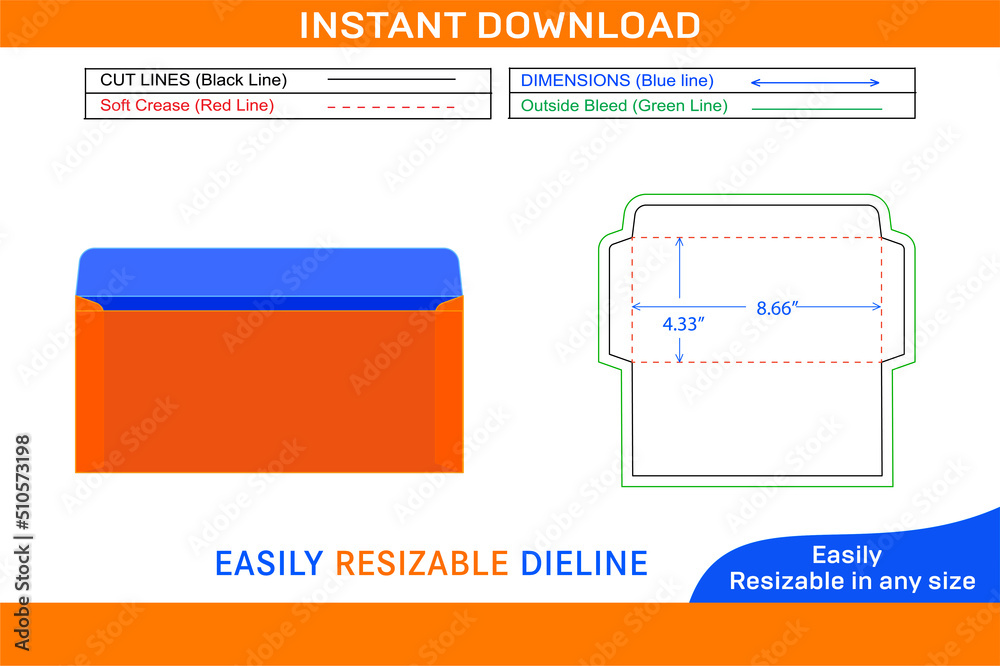 DL size Document envelope OR 8.66x4.33 inch Document envelope dieline ...