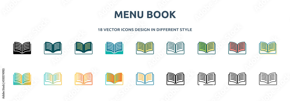 menu book icon in 18 different styles such as thin line, thick line ...