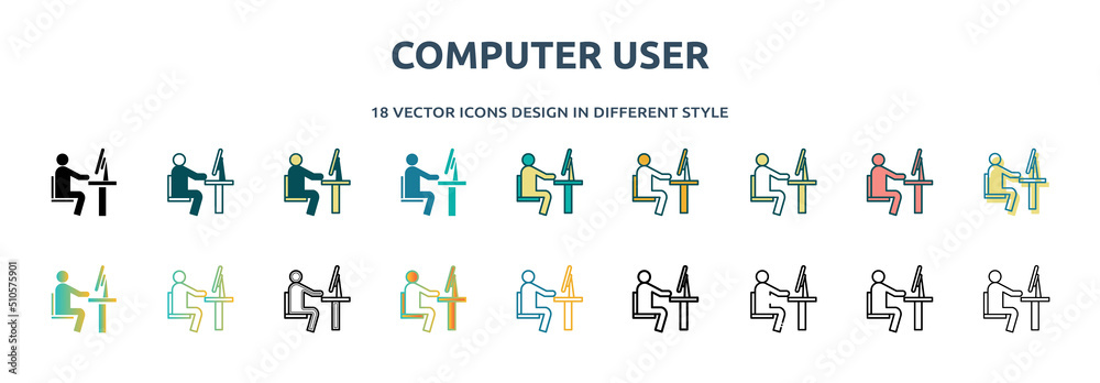 computer user icon in 18 different styles such as thin line, thick line ...