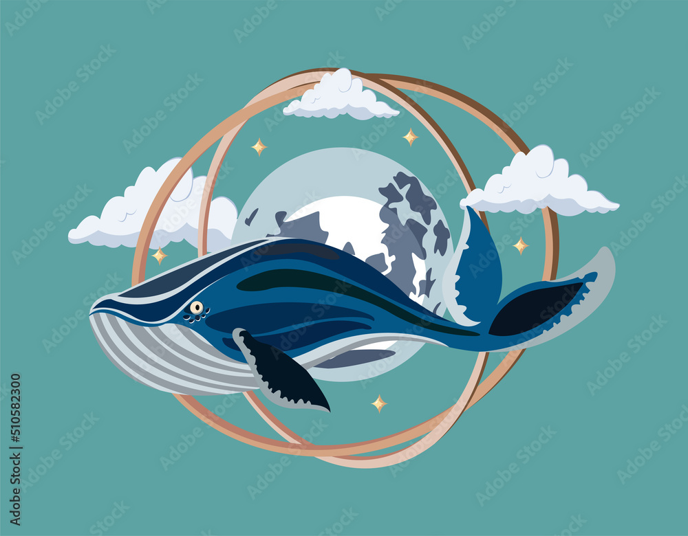 Flying marine blue whale in the clouds against the background of stars ...