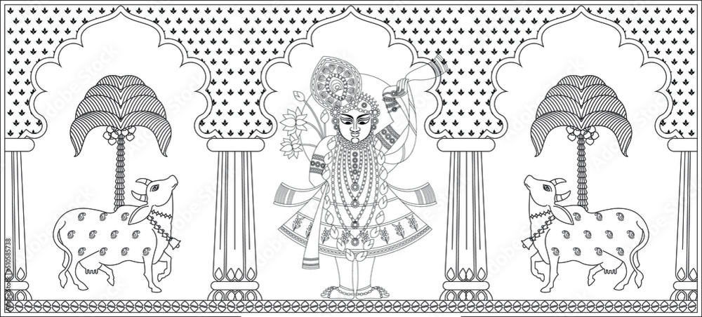 Shrinathji, Jagannath, or Lord Krishna with cows, in Indian folk ...