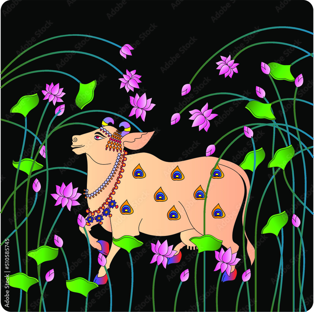 Holy cow in Kalamkari Indian traditional folk art on linen fabrics. It ...