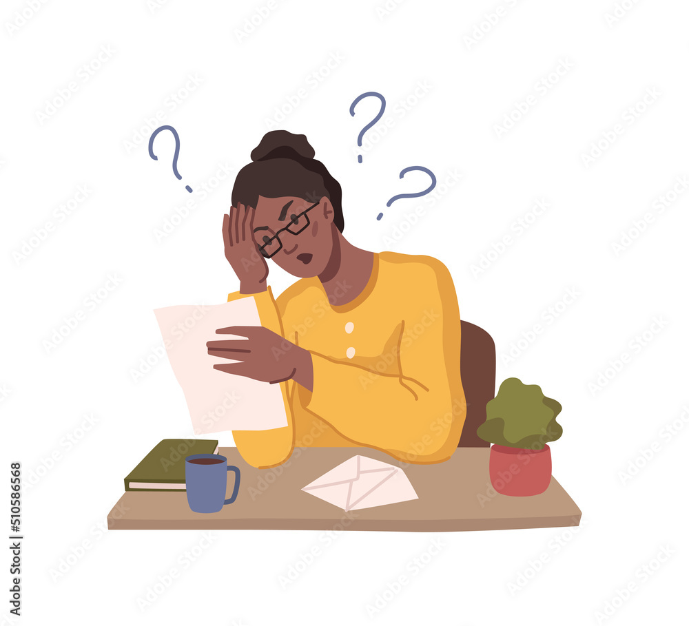 Displeased woman reading bad news on paper. Isolated manager or workers ...