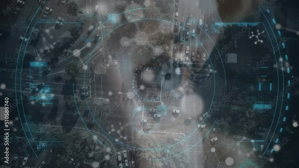 Animation of molecules and scope scanning over eye of caucasian woman ...