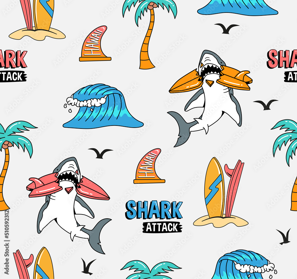 Vector Seamless pattern with illustrations of sharks, waves, surfboards ...