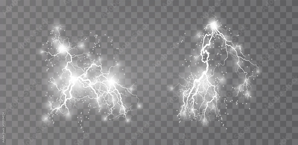Realistic lightning bolts on a black transparent background. the charge ...