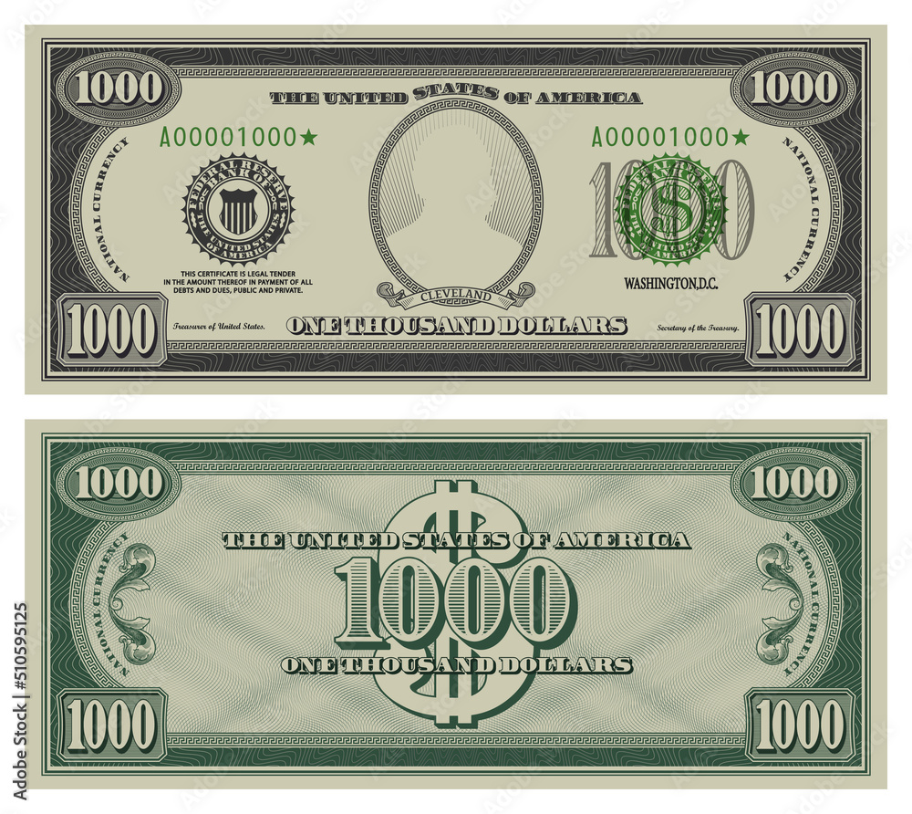 One thousand dollars banknote. Gray obverse and green reverse fictional ...