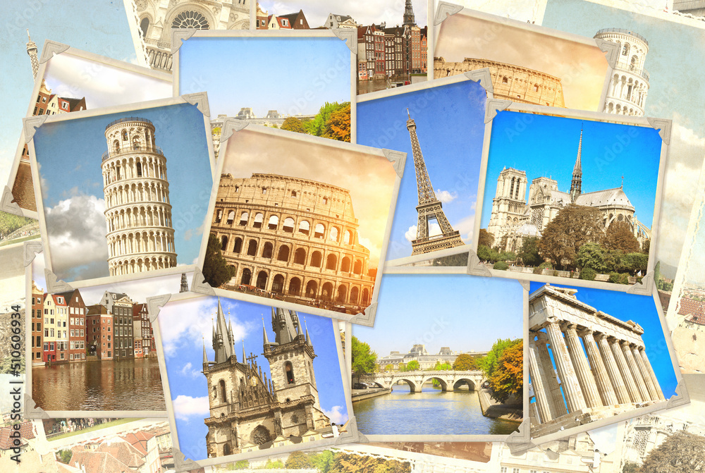 Vintage travel background with retro photos of european landmarks Stock ...