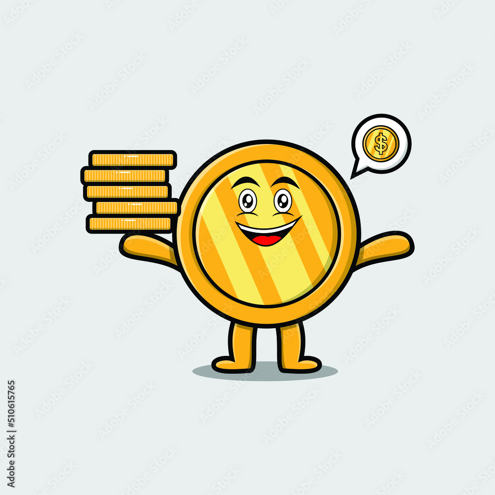 Cute cartoon Gold coin character holding in stacked gold coin vector ...