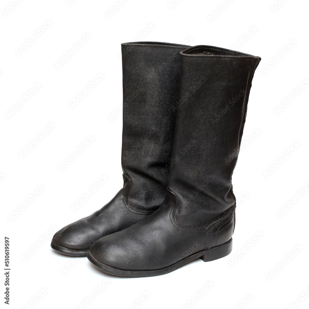 Old military boots made of leather on white background, black army ...