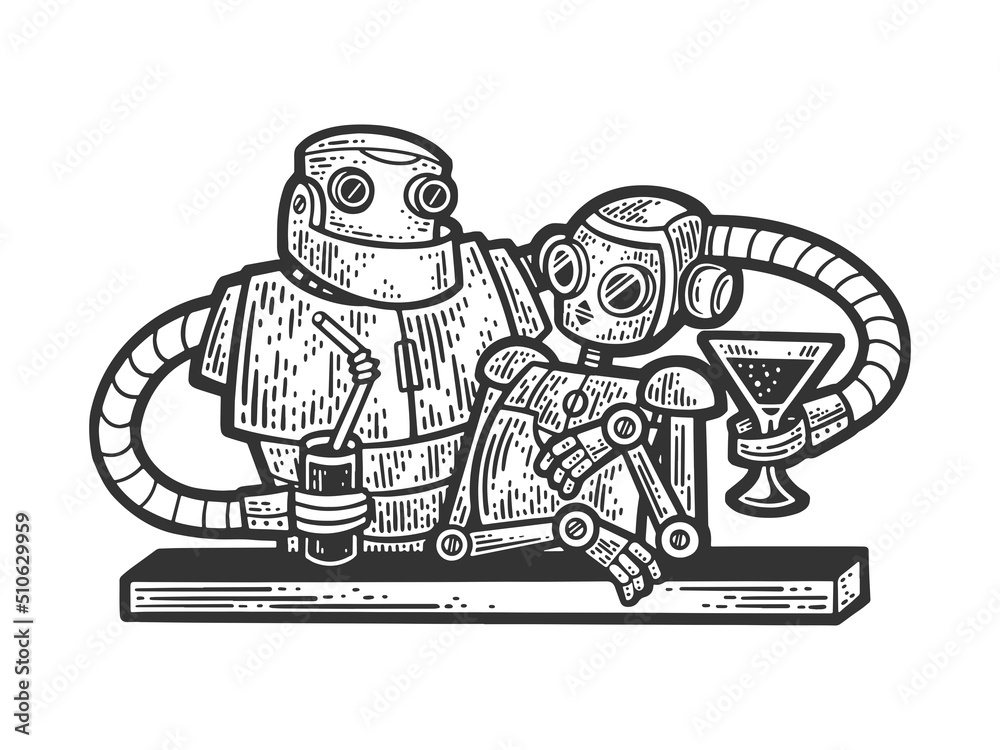 cartoon robots drink in bar sketch engraving vector illustration. T ...