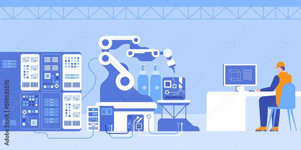 Robotized production line at contemporary plant. Flat color vector ...