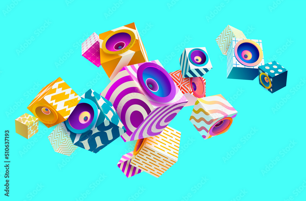 Music poster design with 3D colorful cubes and speaker. Musical vector ...