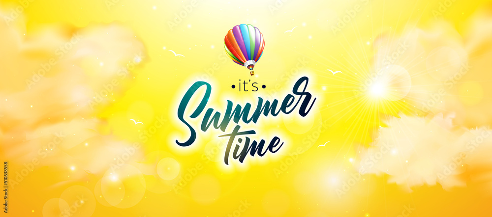 Summer Time Design with Colorful Air Balloon and Cloud on Sun Yellow ...