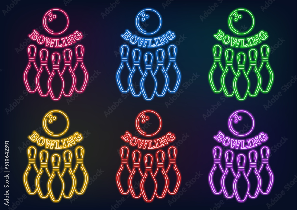 Neon sign. Bowling set in neon style. Skittles and bowling ball in ...