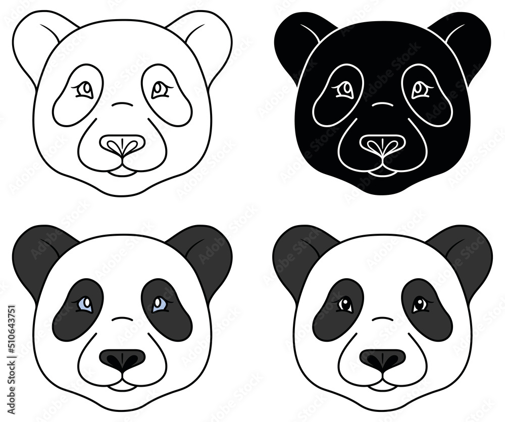 Cute Panda Face / Head Clipart Set - Outline, Silhouette and Color ...