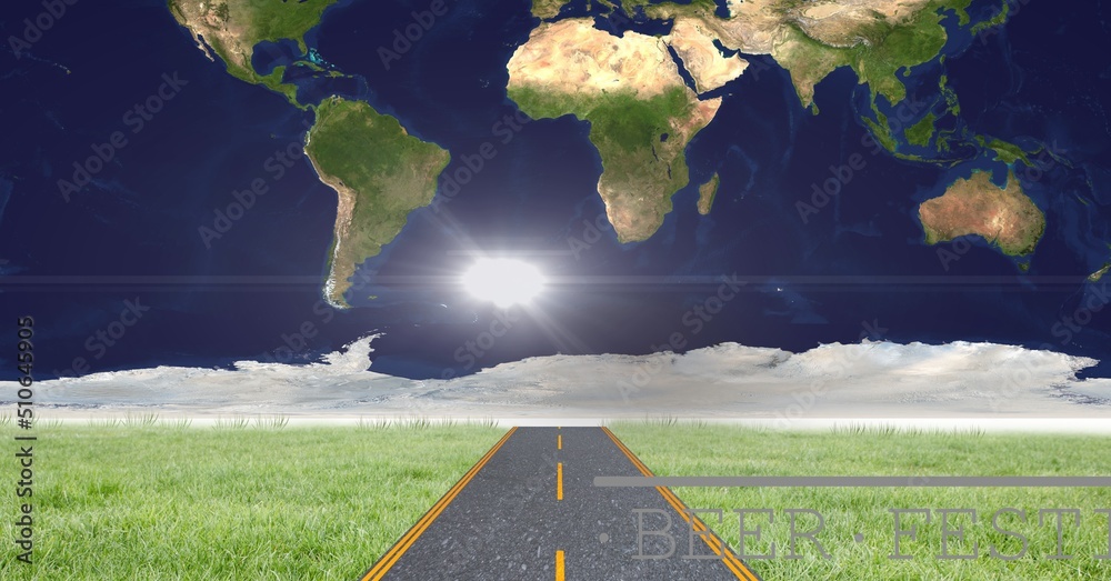 Spot of light and road against world map with copy space on blue ...