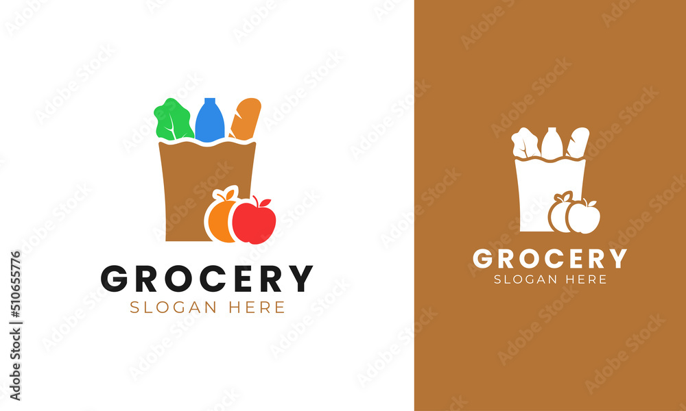 Grocery logo design with a paper bag and food concept Stock Vector ...