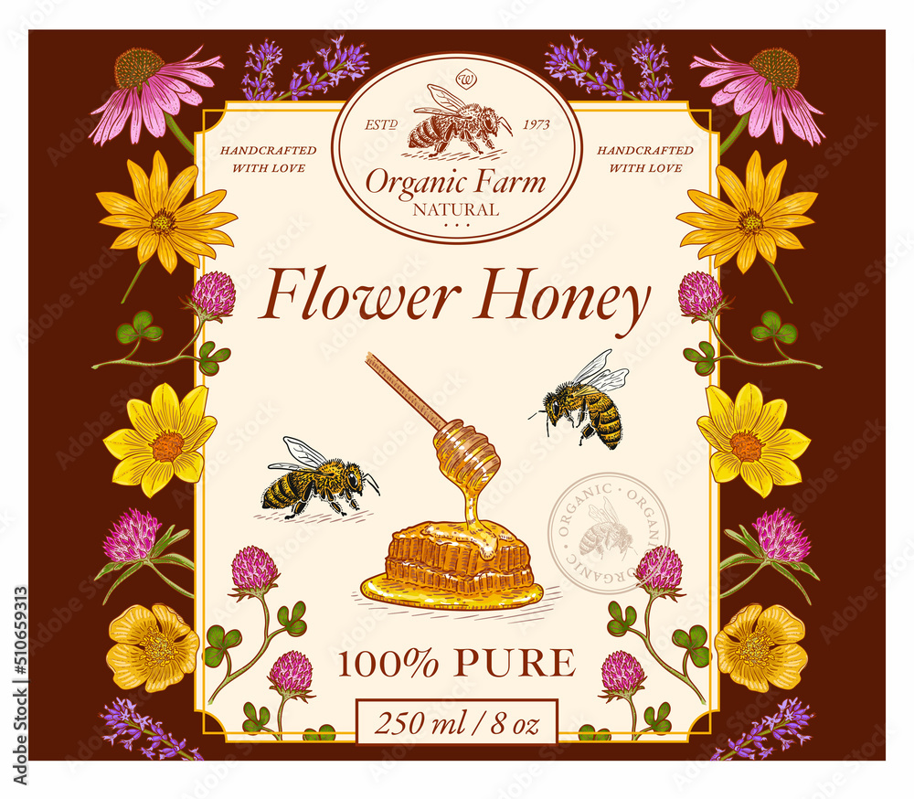 Honey label design template with flower and honeycomb Stock Vector ...