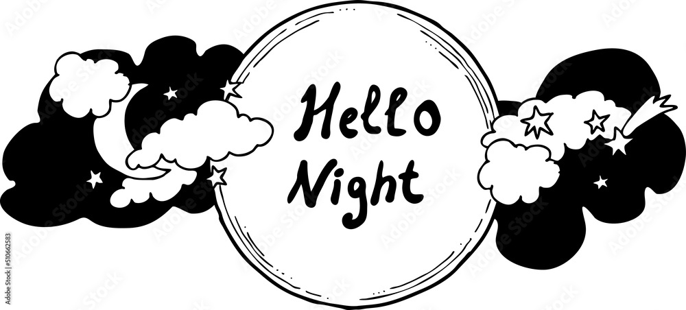 Good night theme frame with moon, stars and clouds on the dark sky ...