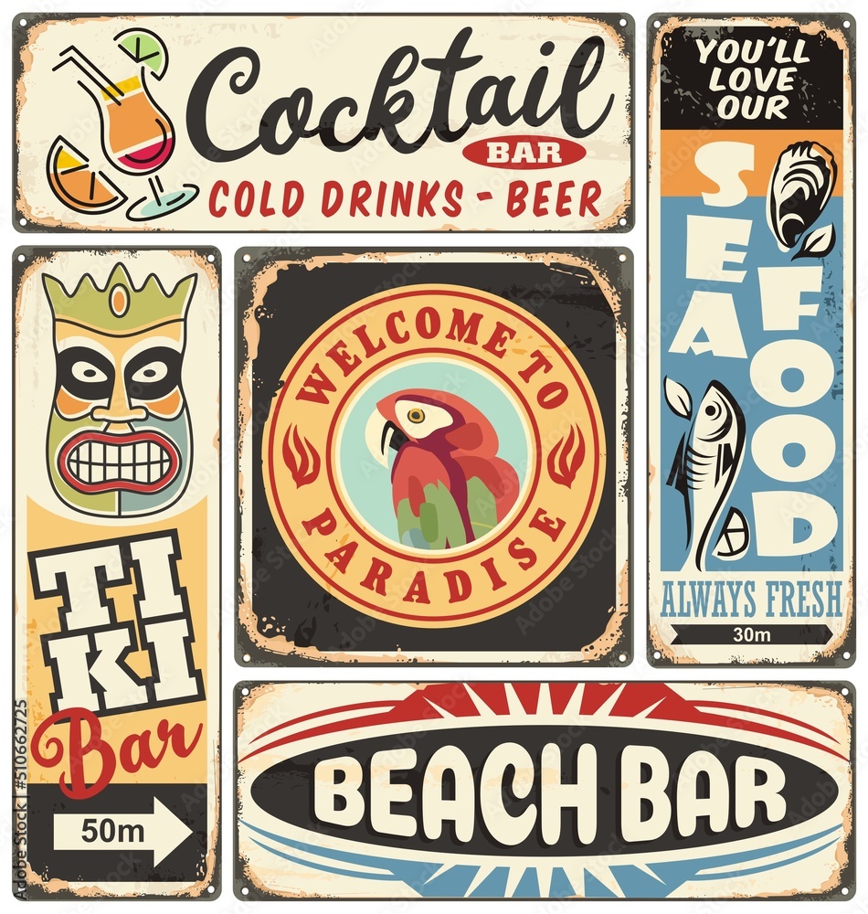 Tropical cafe and beach bar signs collection. Retro posters template ...