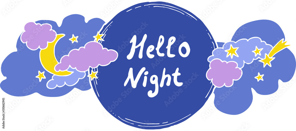 Good night theme frame with moon, stars and clouds on the dark sky ...