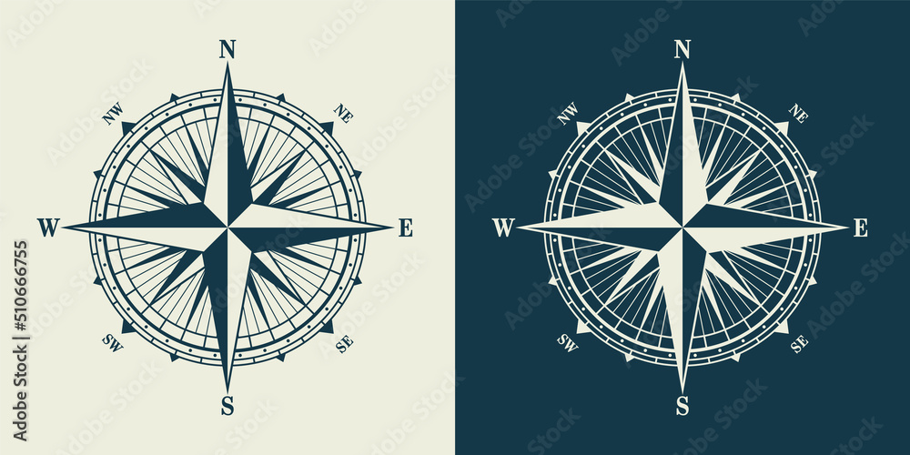 Vintage marine wind rose, nautical chart. Monochrome navigational ...