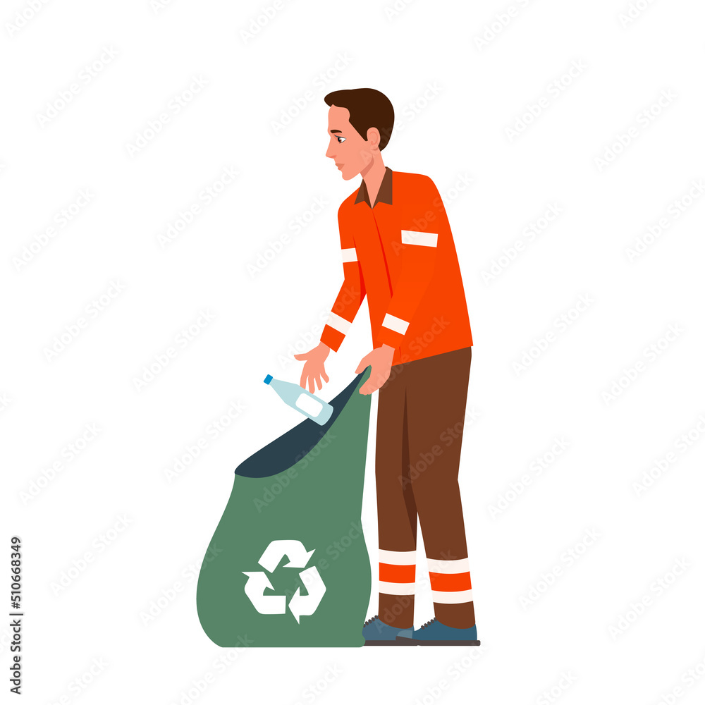 Janitor gathering trash. Cleaner throws a plastic bottle into a garbage ...
