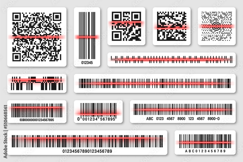 Vetor de Product barcodes and QR codes with red scanning line ...