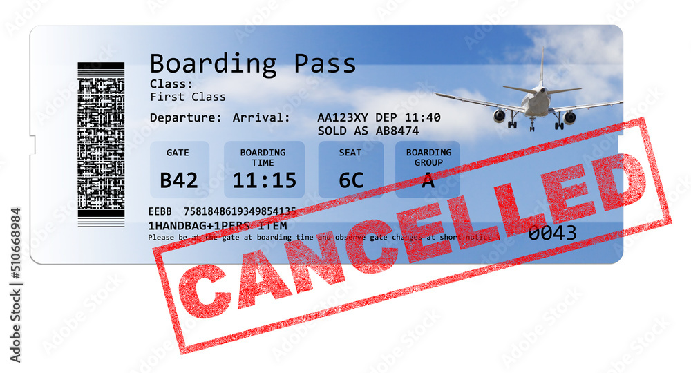 Flight cancelled concept with flight ticket and text stamp - The image ...