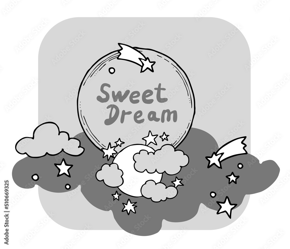 Good night theme frame with moon, stars and clouds on the dark sky ...