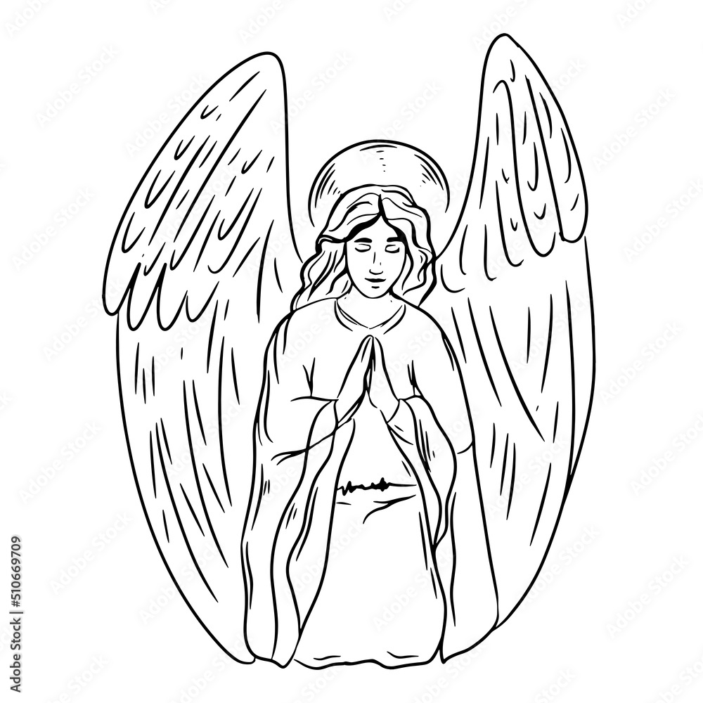 angel prays on his knees religious symbol of Christianity hand drawn ...