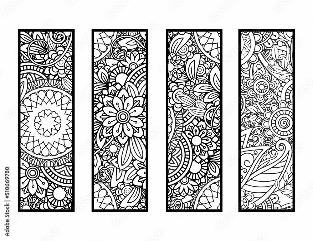 Set of four bookmarks in black and white. Doodles flowers and ornaments ...