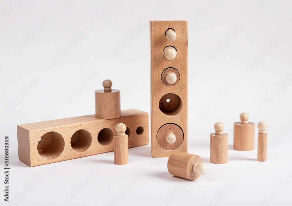 Montessori knobbed wooden cylinders with blocks. Puzzle for teaching ...