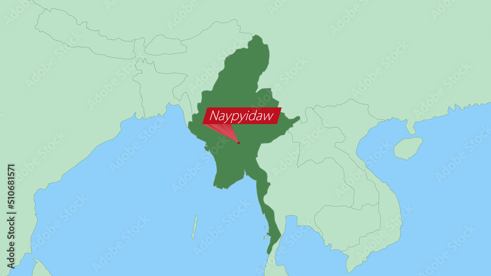 Map of Myanmar with pin of country capital. Stock Vector | Adobe Stock