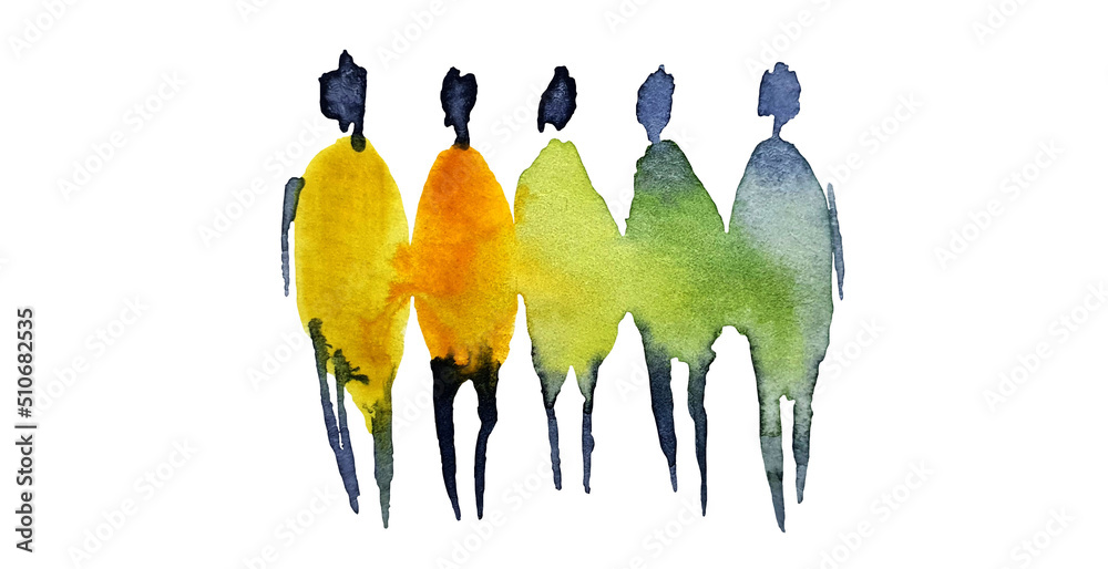 Watercolor silhouette of people, human figures, man, woman, drawn in ...