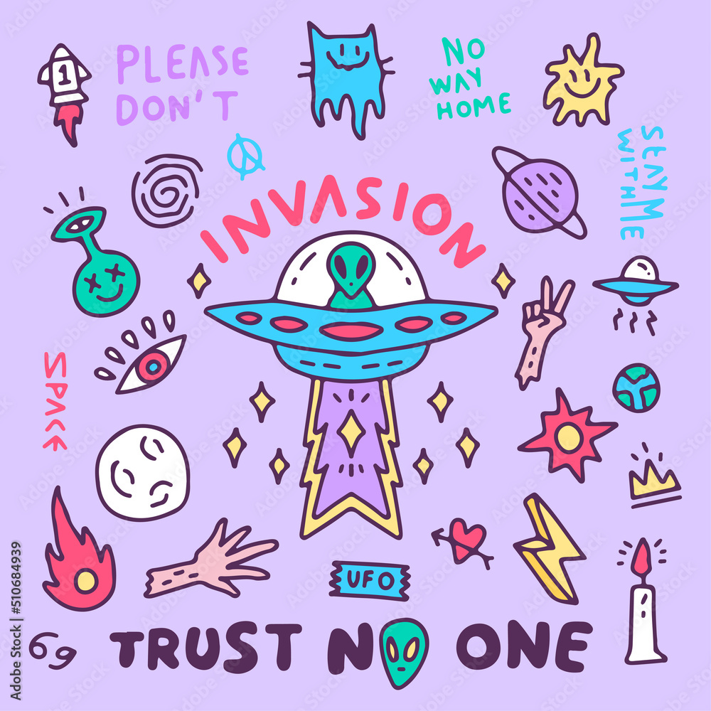 Set of cute space theme doodle cartoon. alien, rockets, planet, UFO ...