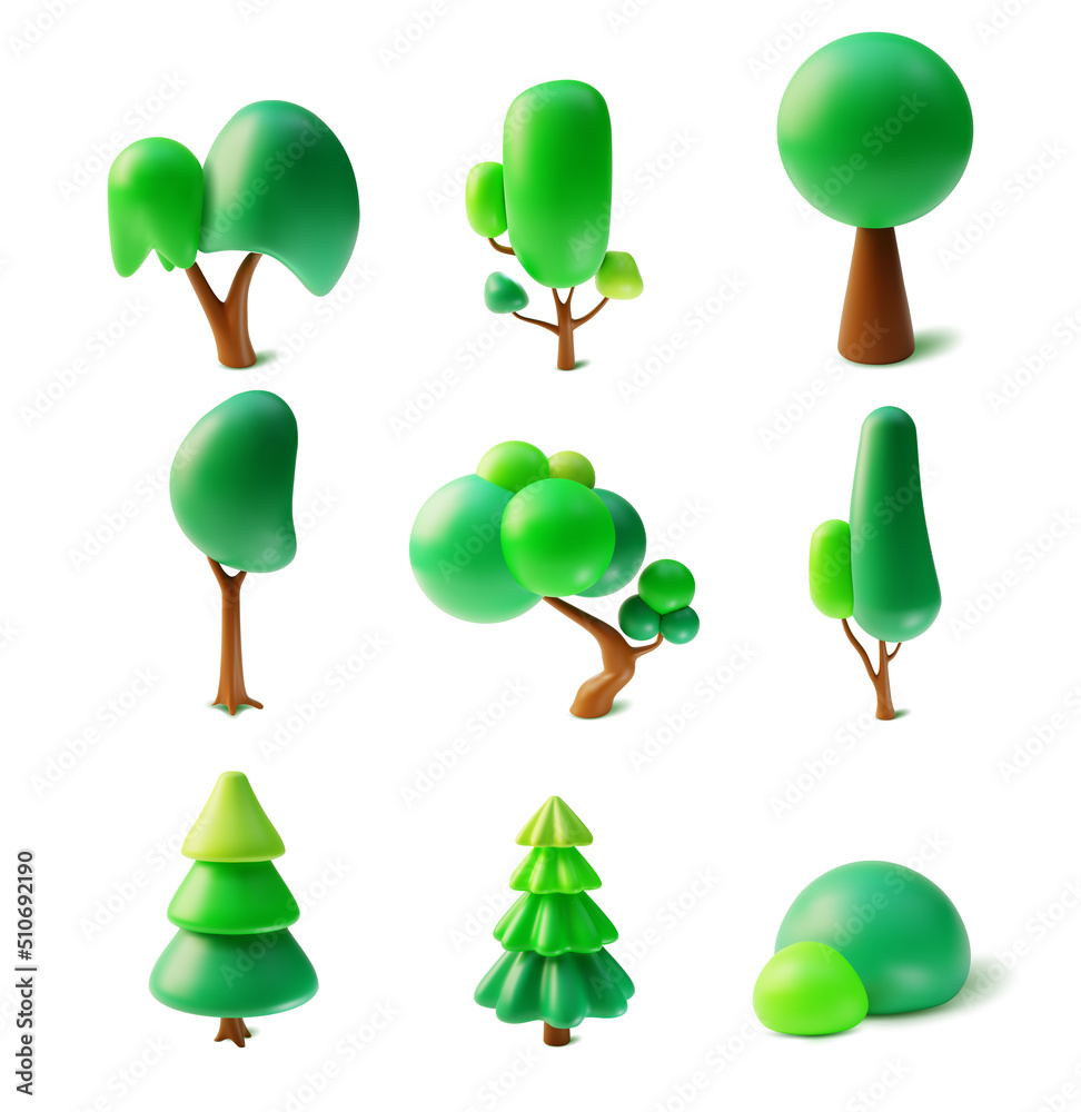 3d Different Green Trees and Bushes Set Plasticine Cartoon Style ...