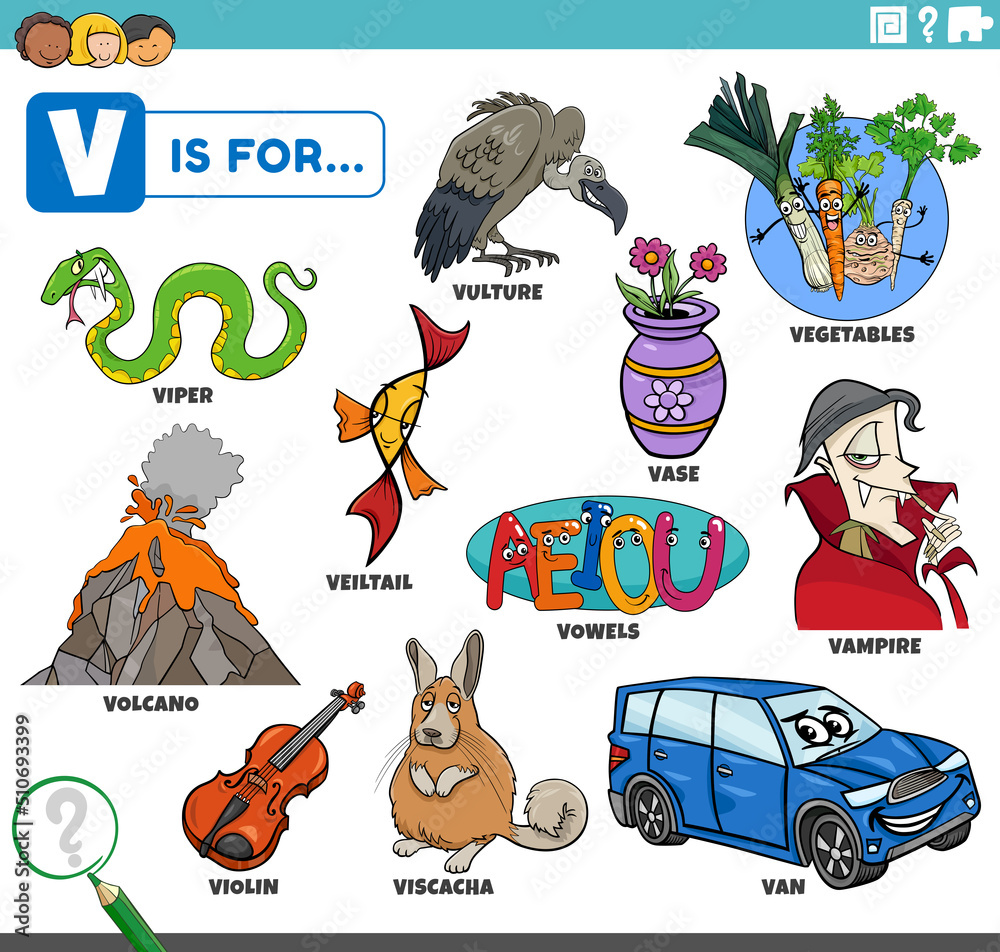 letter v words educational set with cartoon characters Stock ...