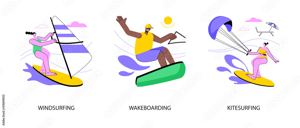 Extreme water fun abstract concept vector illustration set. Windsurfing ...