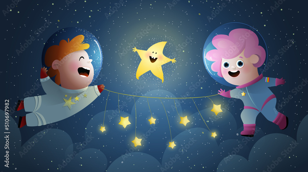 Little girl and boy astronauts with stars in cosmos, cute kids ...