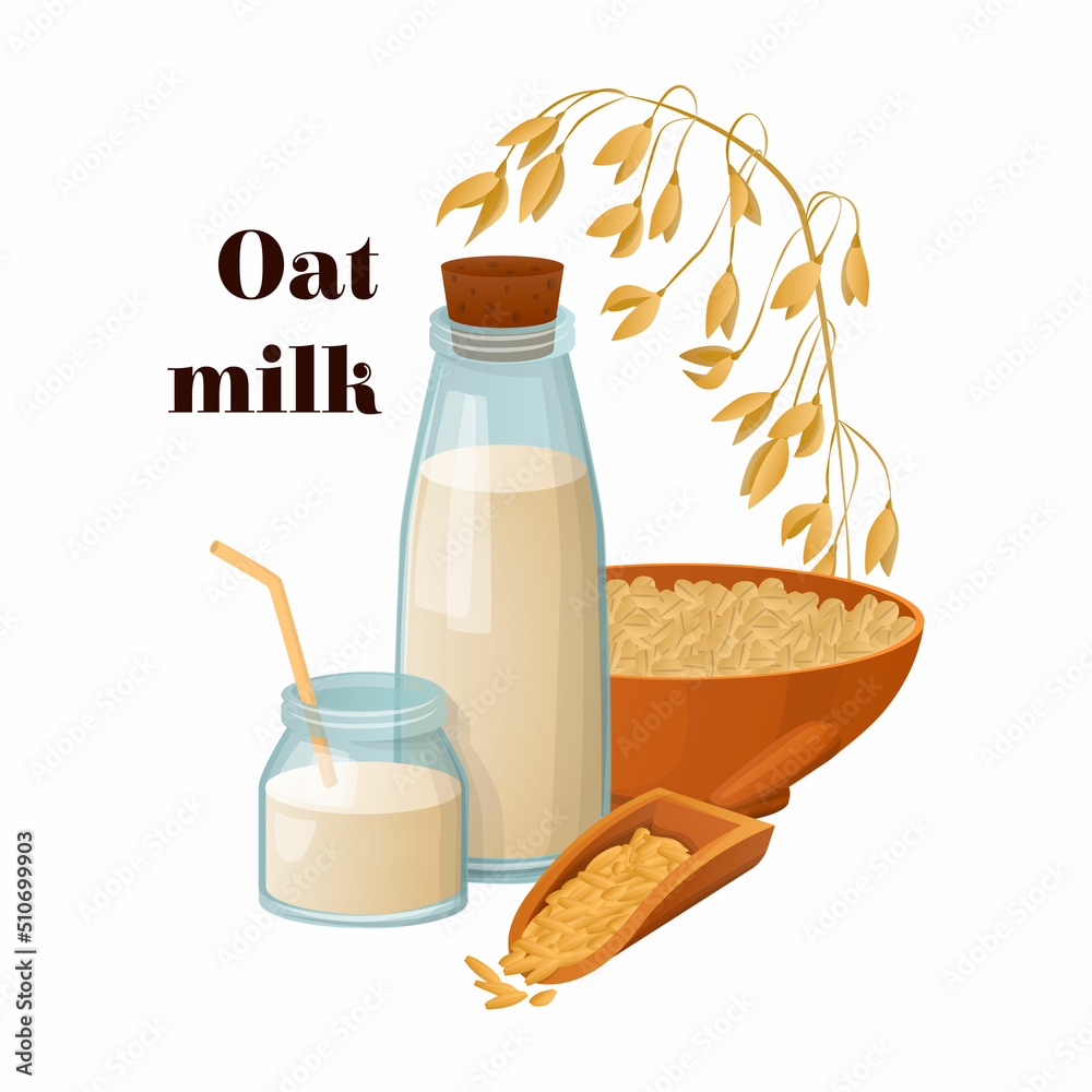 Vector set of alternative milk and its composition. Set of oat products ...