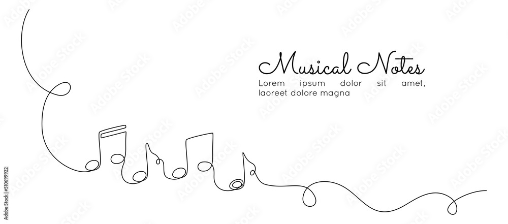 One continuous line drawing of musical notes. Minimalist logo and ...