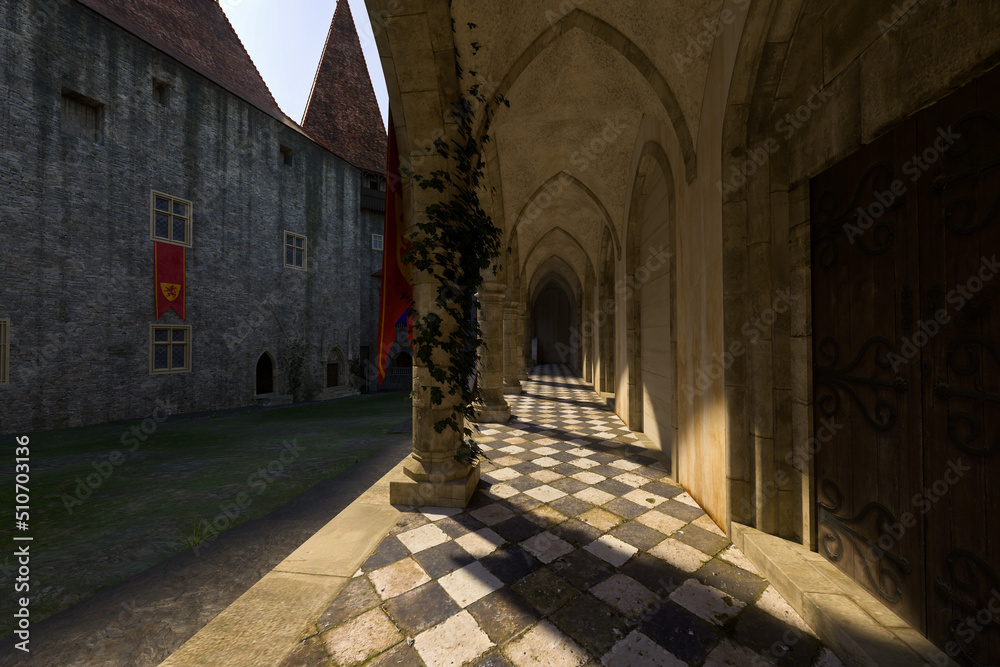 Path with tiled floor in a medieval castle courtyard. 3D rendering ...