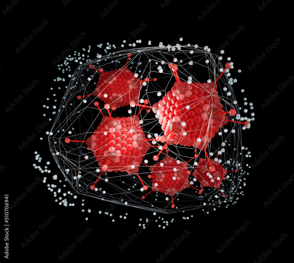 Viruses, Adenovirus in a net, captured by little molecules, proteins or ...