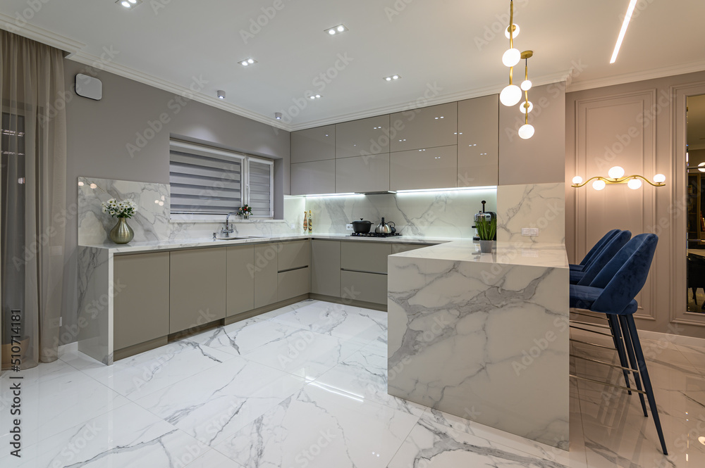 Luxury white modern marble kitchen in studio space Stock Photo | Adobe ...