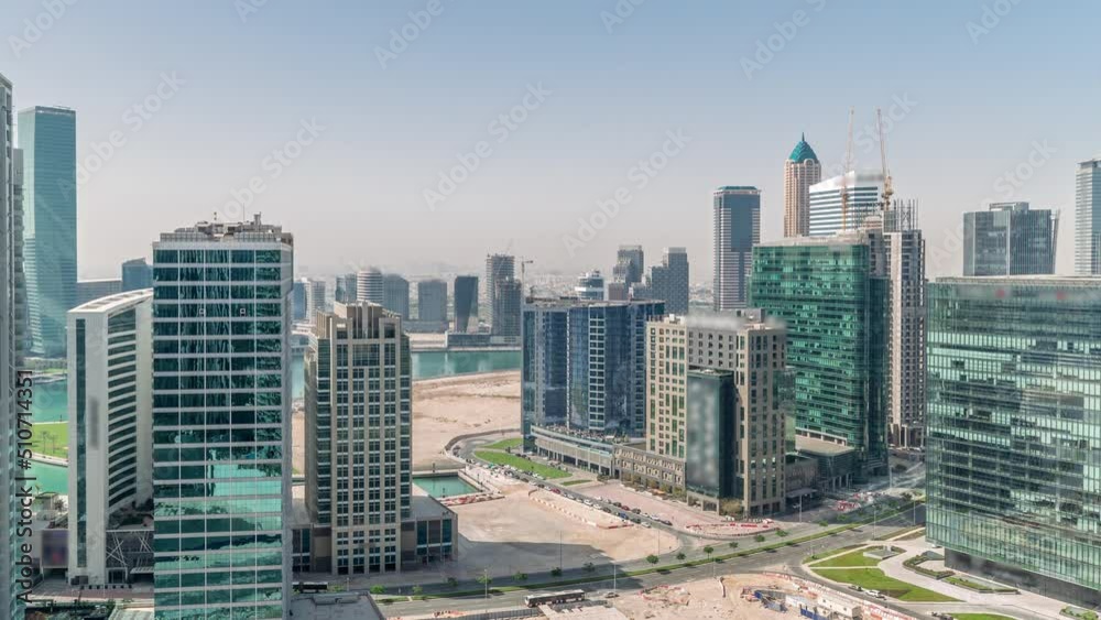 Business Bay Dubai skyscrapers with water canal aerial panoramic ...