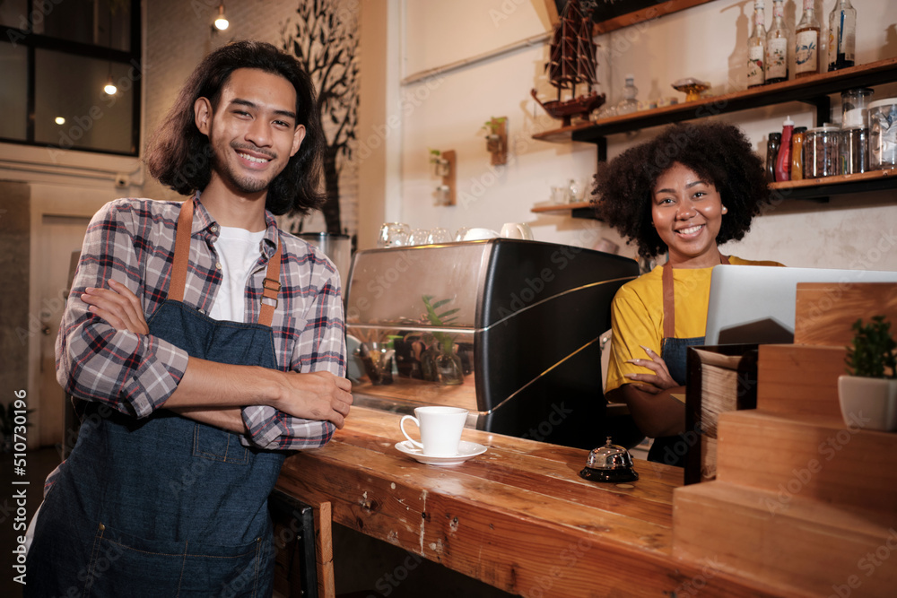 Two cafe business startup partners and friends, African American female ...