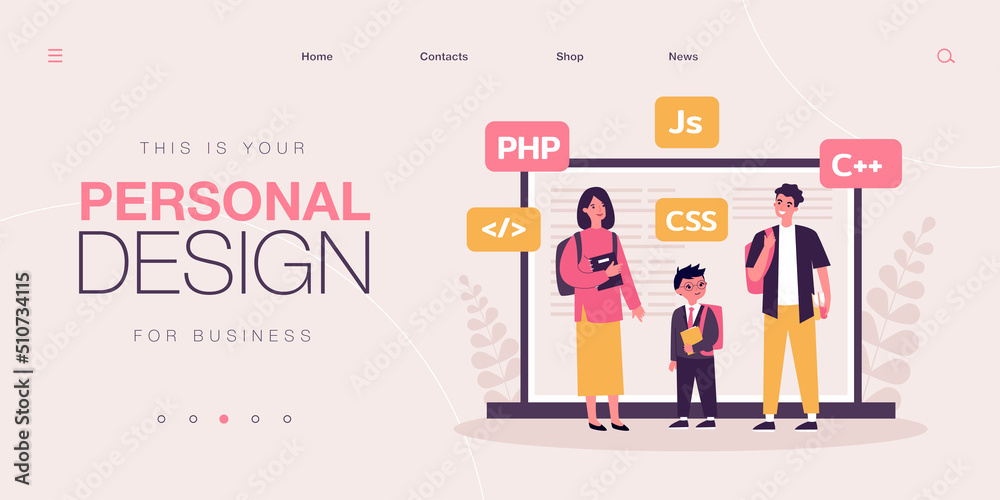 Students learning programming languages. Tiny man, woman and child ...